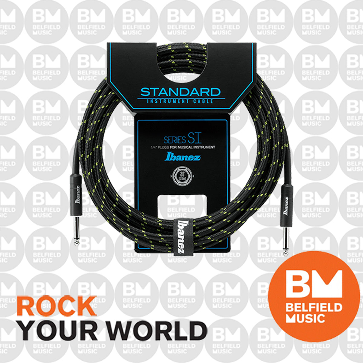 Ibanez SI20 BG Woven Guitar Cable 20ft Instrument Lead Black & Green ...